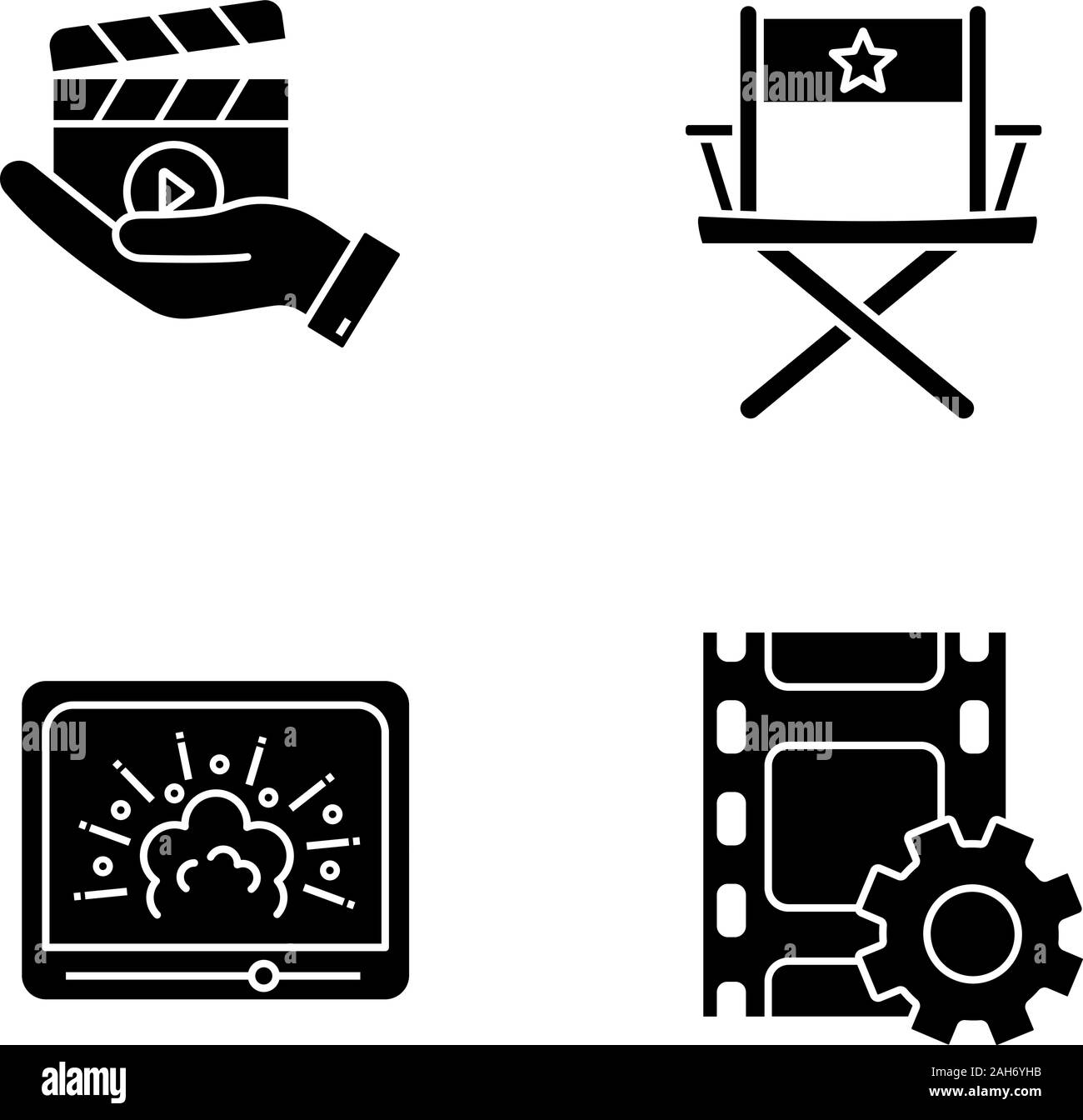 Film industry glyph icons set. Movie release, director’s chair, visual ...
