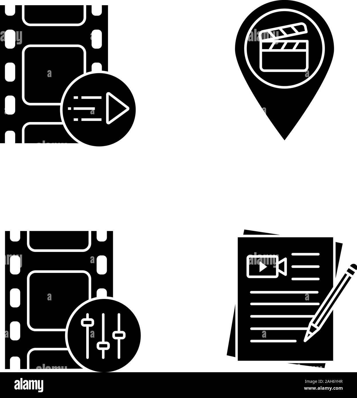 Film industry glyph icons set. Motion graphics, movie locations, sound ...