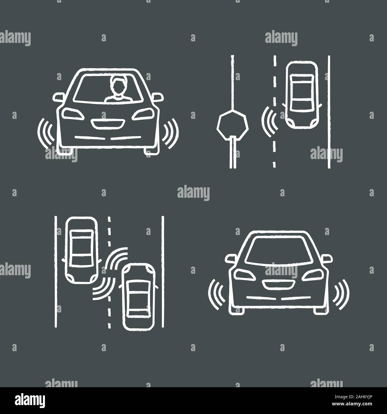 Autonomous car chalk icons set. Sensors, self-driving auto detecting ...