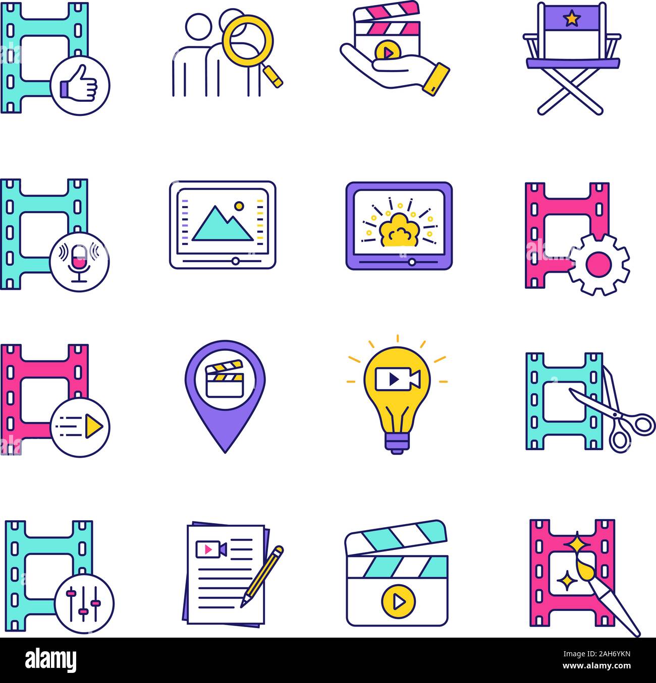 Film industry color icons set. Video production. Cinematography. Video ...