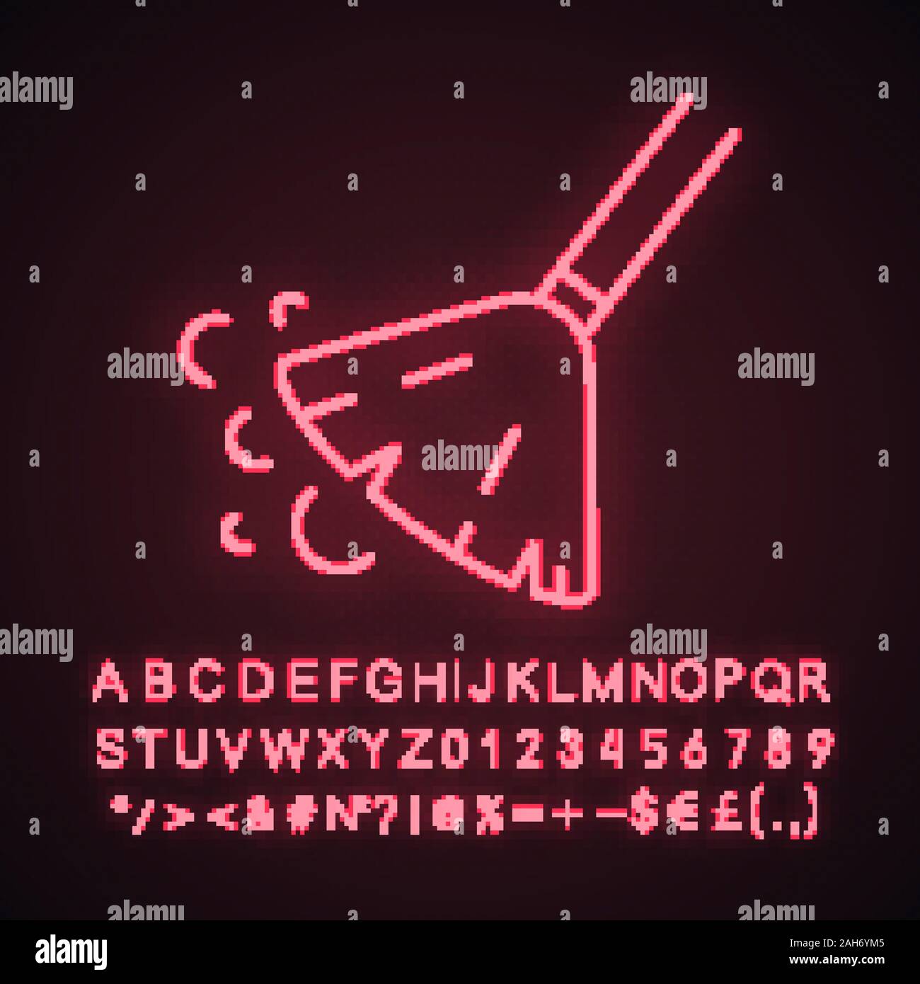 Sweeping broom neon light icon. Cleaning. Sweeping floor. Glowing sign ...