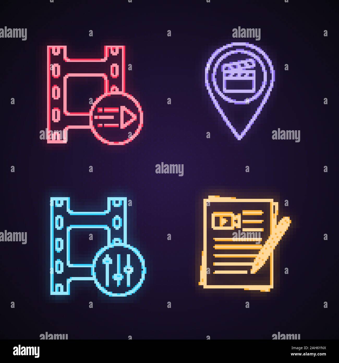 Film industry neon light icons set. Motion graphics, movie locations ...