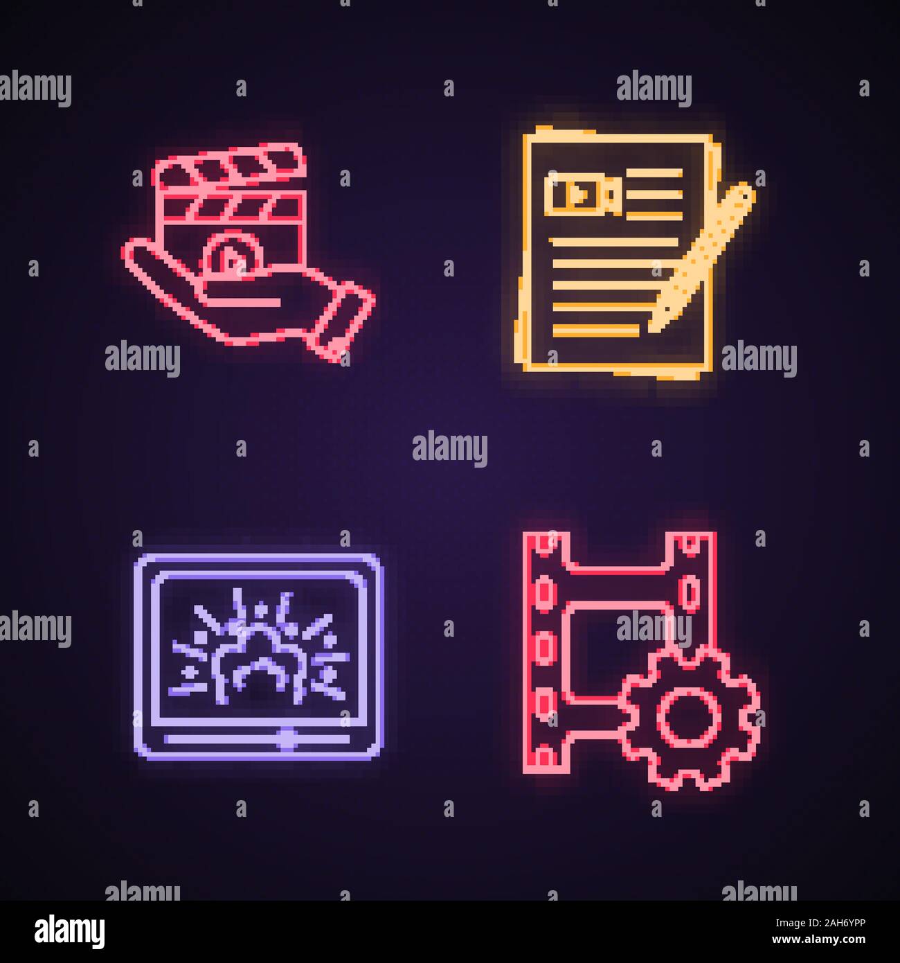 Film industry neon light icons set. Movie release, screenplay writing ...