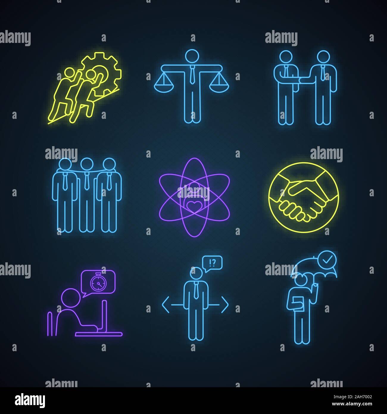 Business ethics neon light icons set. Teamwork, honesty, partnership ...