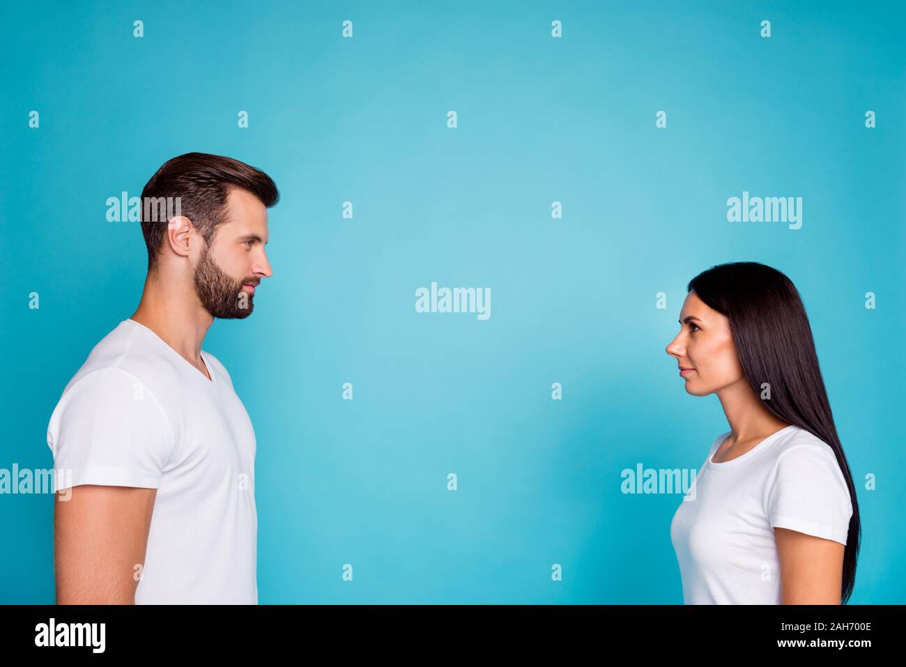 Profile photo of nice pair look eyes keeping silence wear casual outfit ...