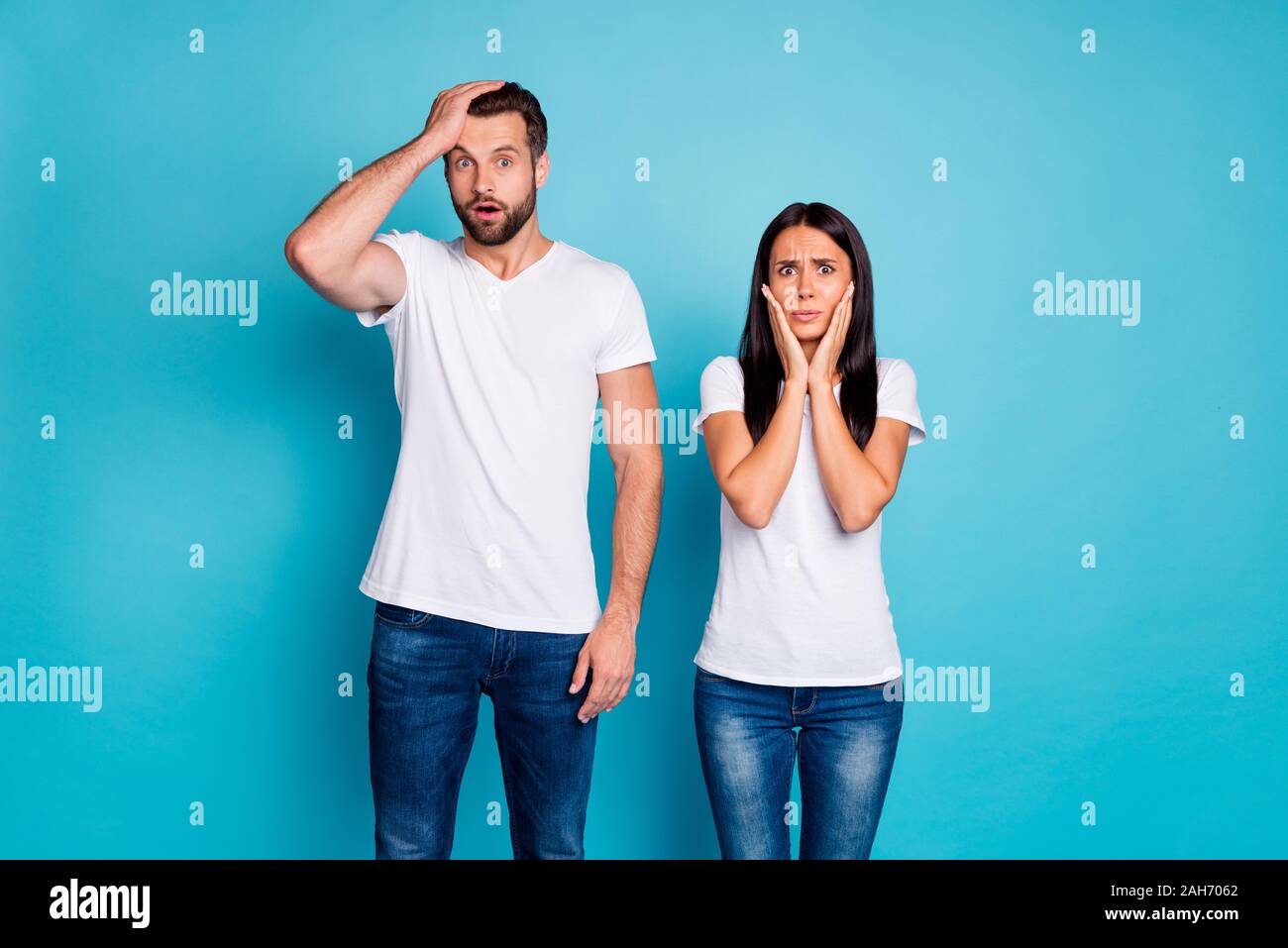 Photo of sorry pair made big mistake wear casual outfit isolated blue ...