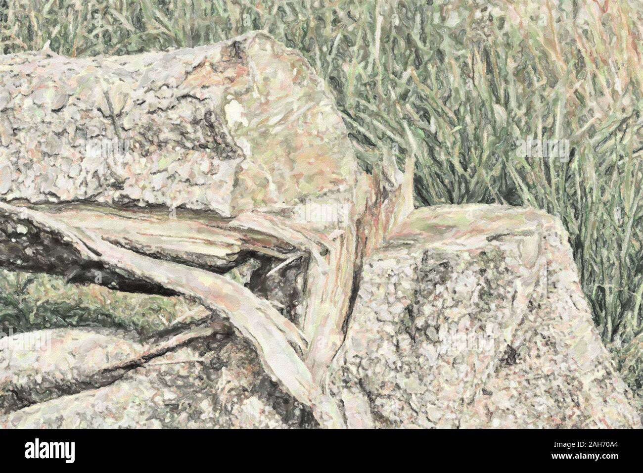 watercolor illustration: Cut down and broken tree trunk on a green ...