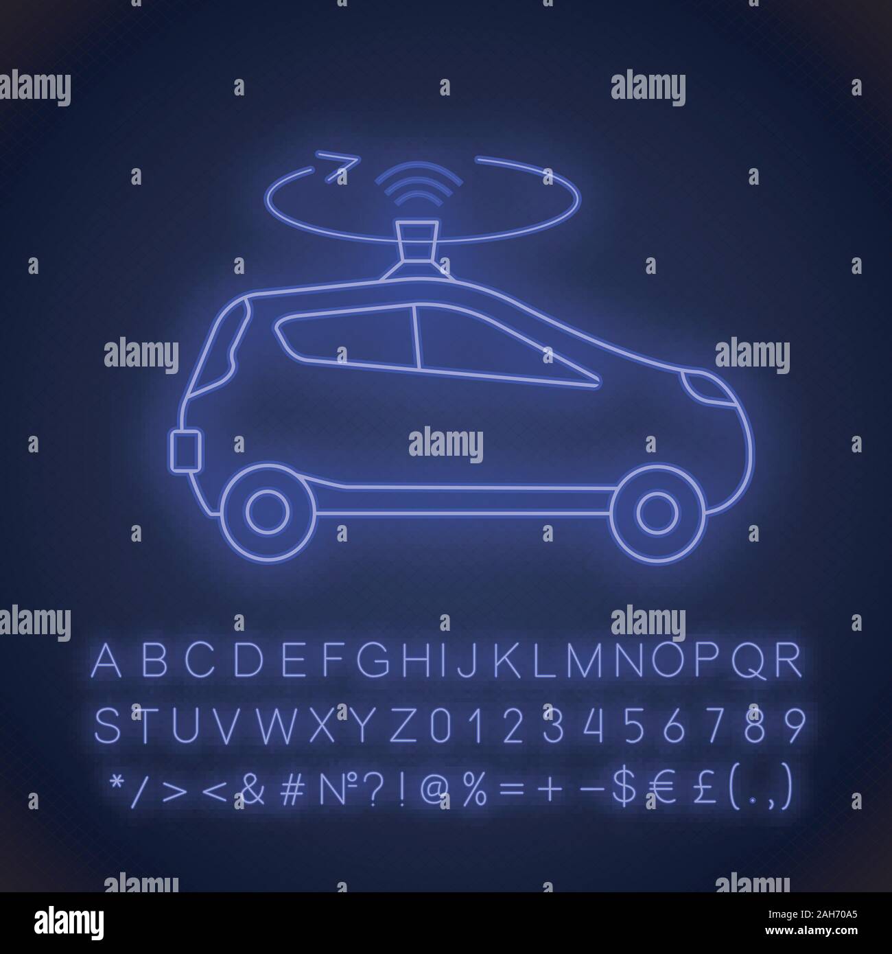 Autonomous car with LIDAR neon light icon. Smart car with roof sensor ...