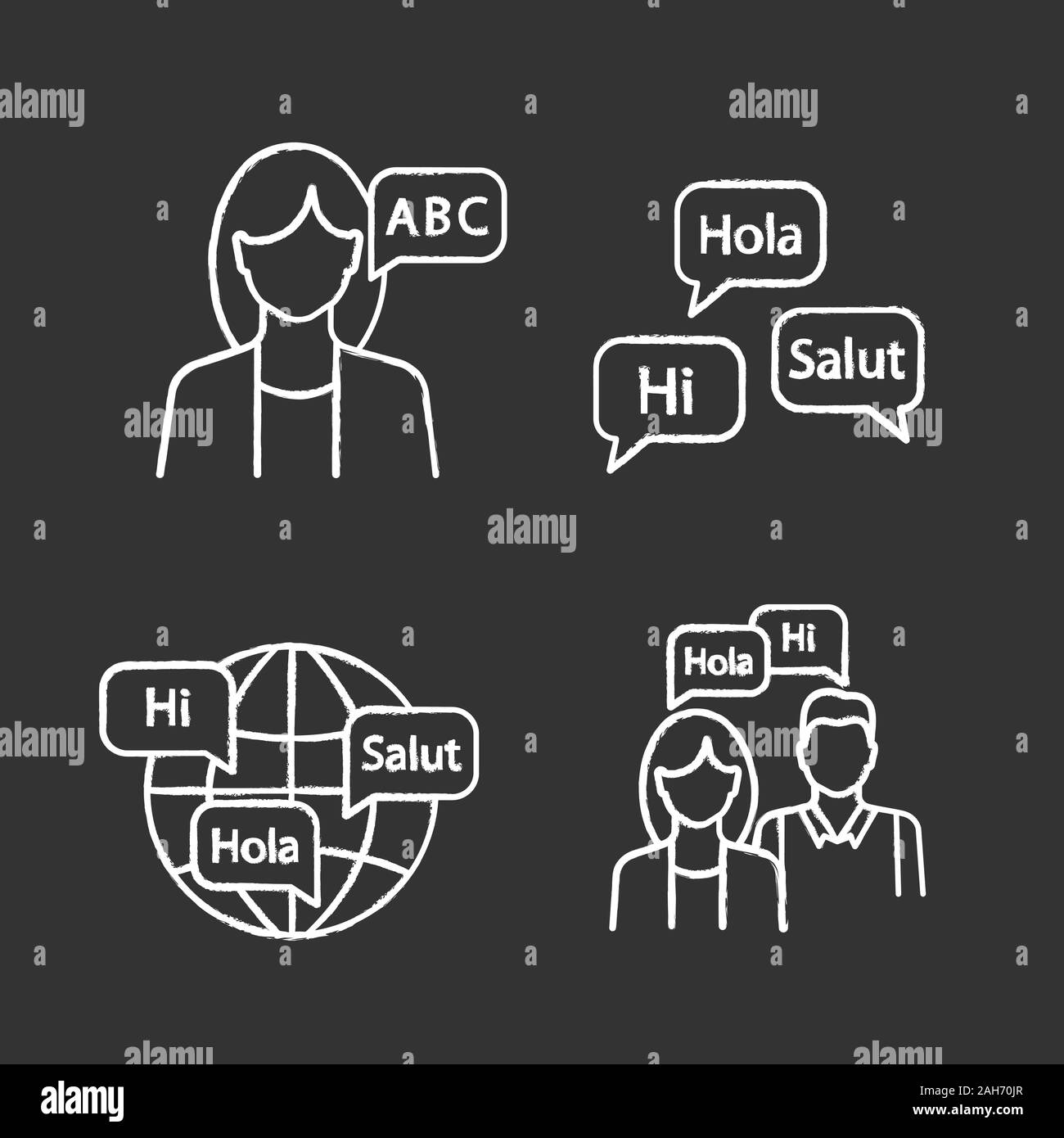 Foreign language learning chalk icons set. Teacher, courses, world ...