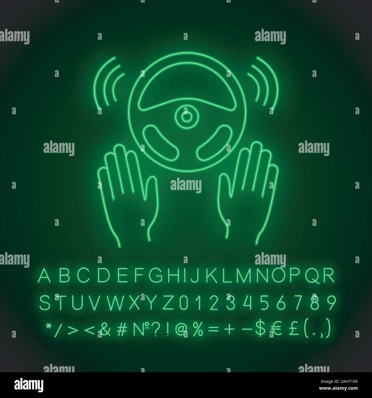 Autonomous car with full automation neon light icon. Driverless auto ...