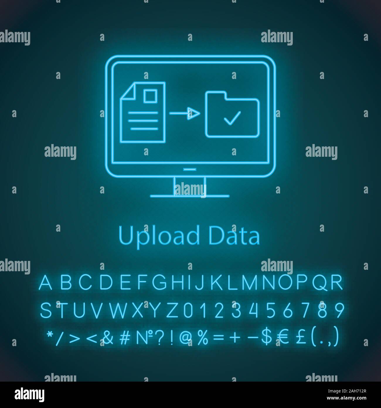 Data uploading neon light icon. File transfer. Web storage. Digital data storage. Glowing sign ...
