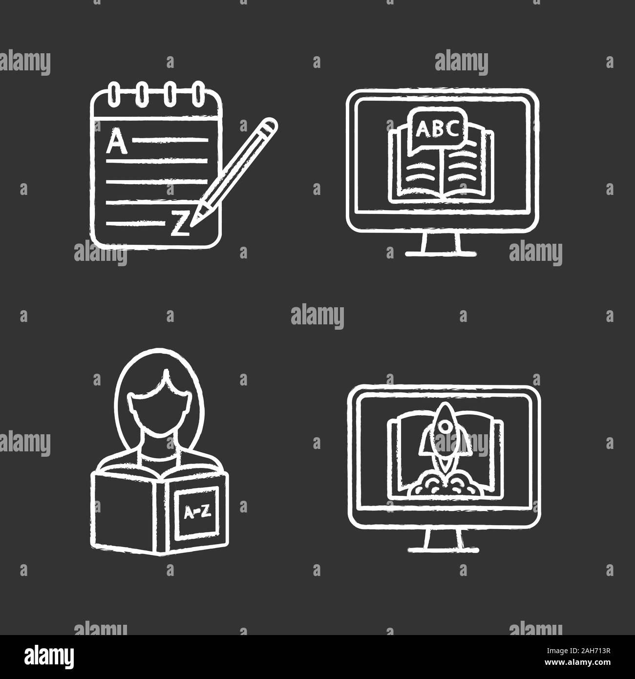 Foreign language learning chalk icons set. Grammar, e-learning, reading ...