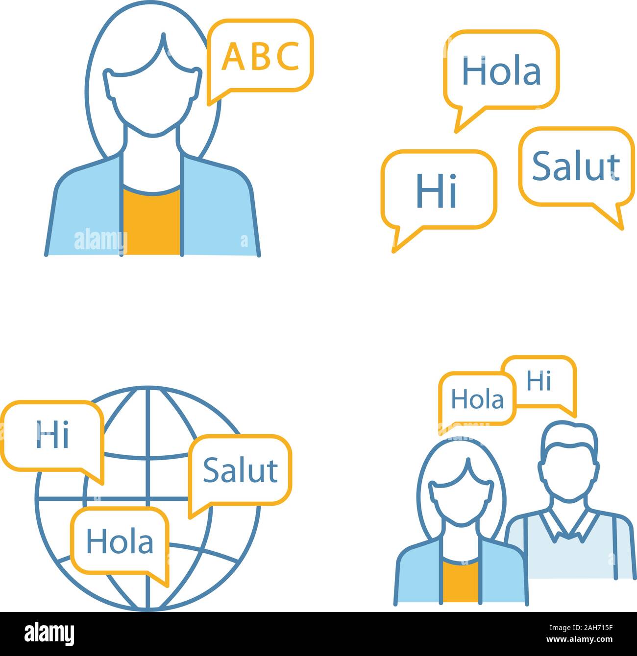 Foreign language learning color icons set. Teacher, courses, world ...