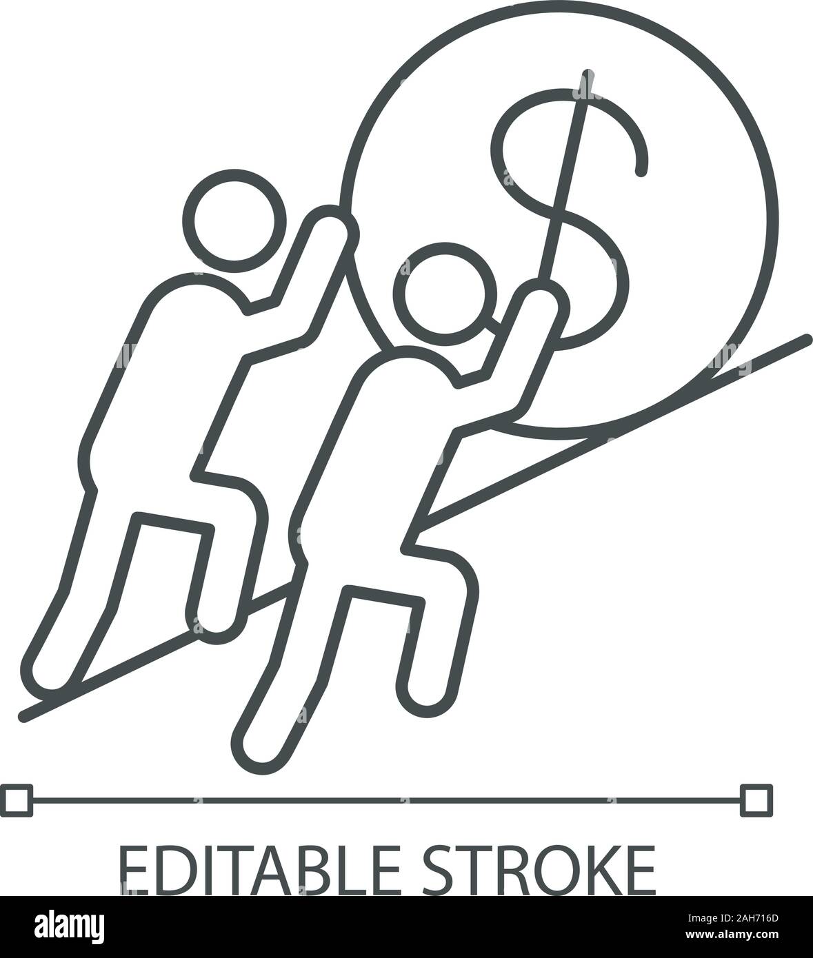 Teamwork linear icon. Two businessmen pushing dollar sign up ...