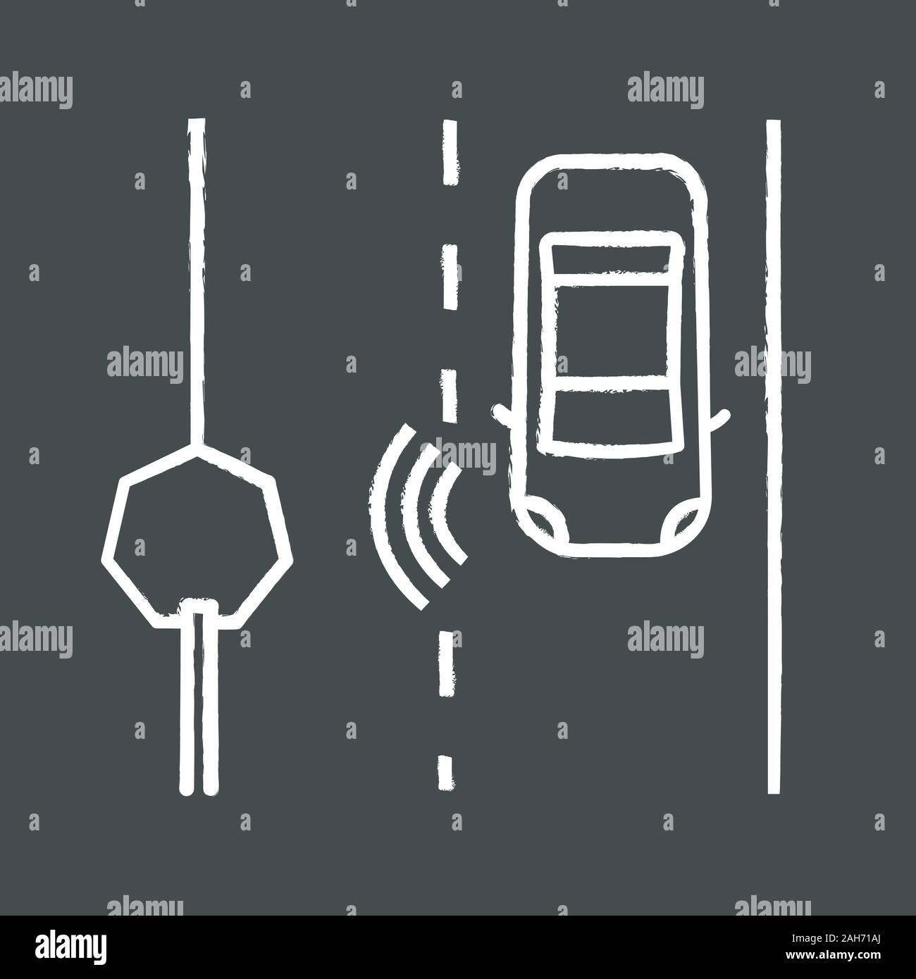 Autonomous car reading road sign chalk icon. Driverless car detecting ...