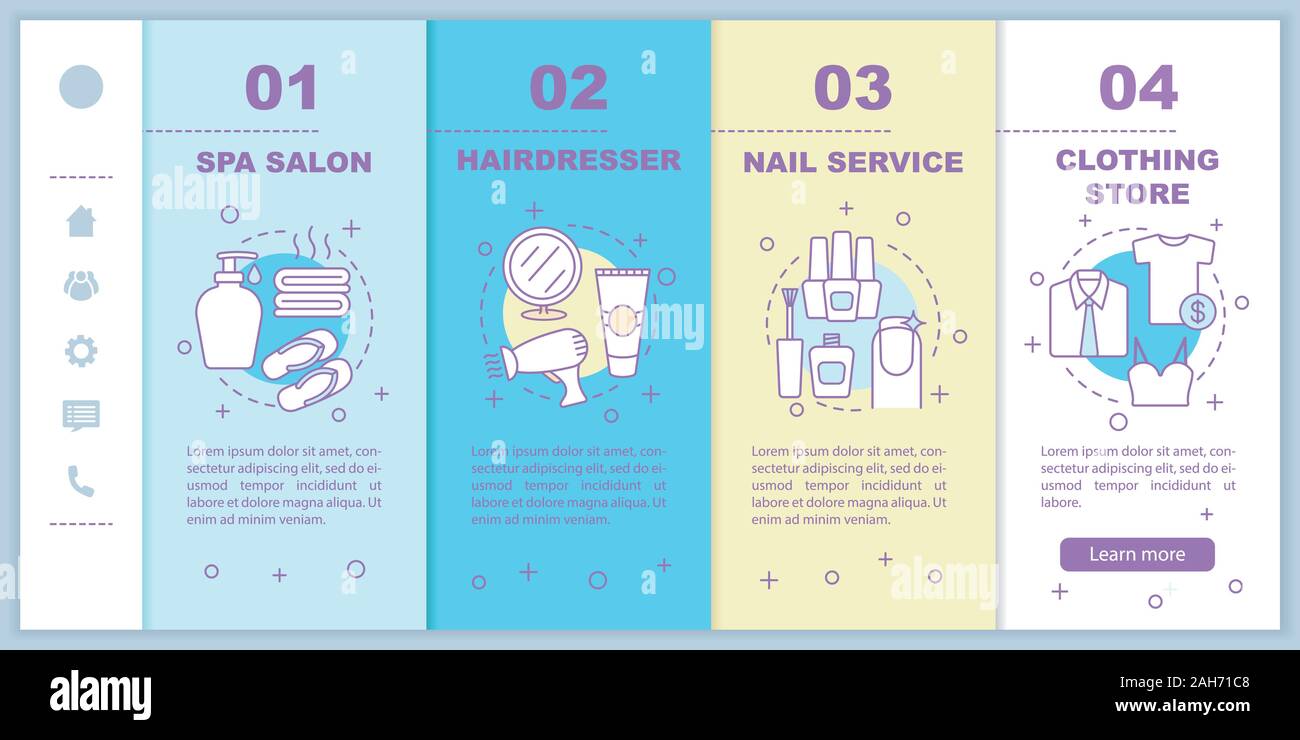 Beauty industry onboarding mobile web pages vector template. Spa, hairstyle, nail salon, clothes ...