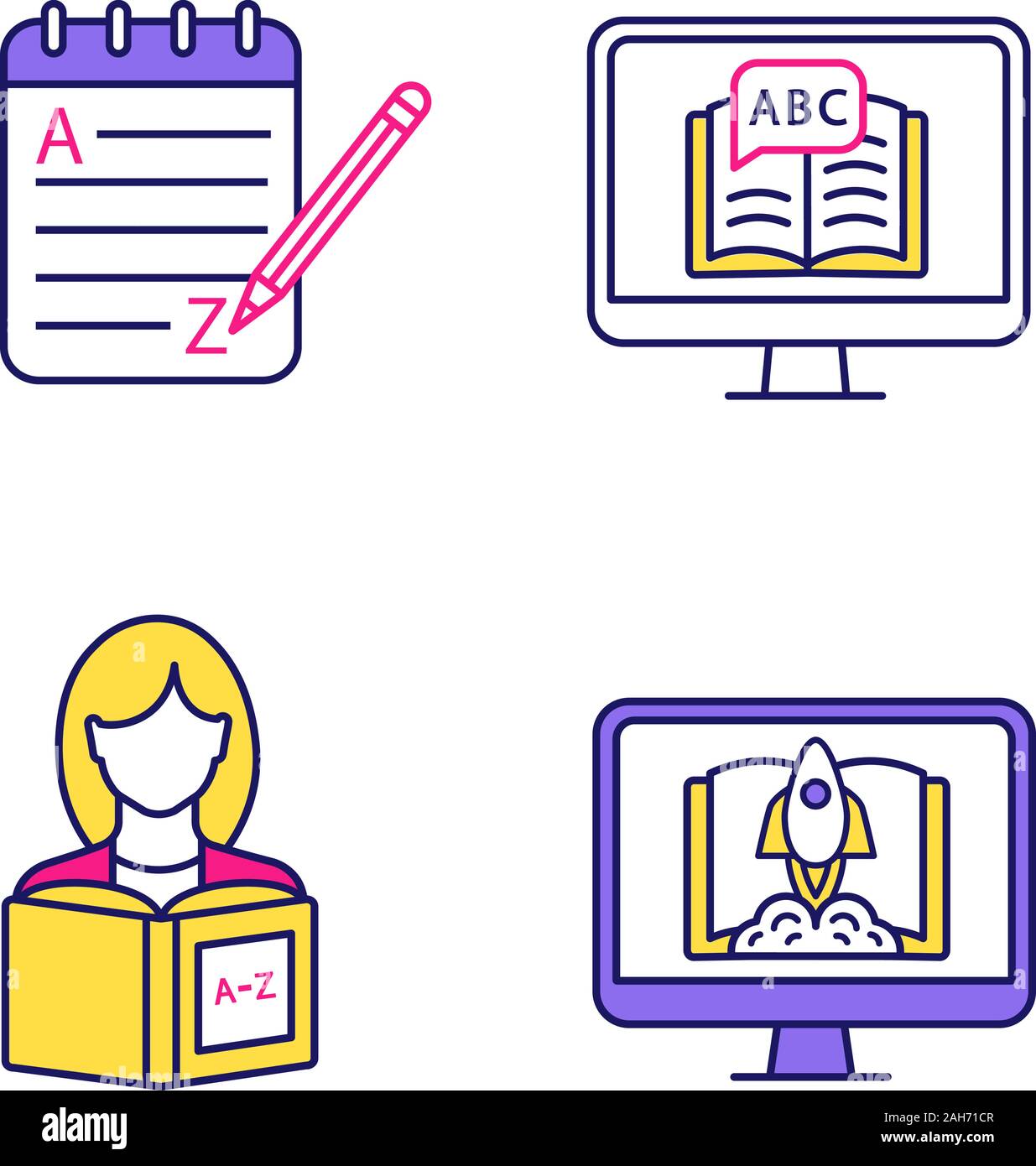 Foreign language learning color icons set. Grammar, e-learning, reading ...