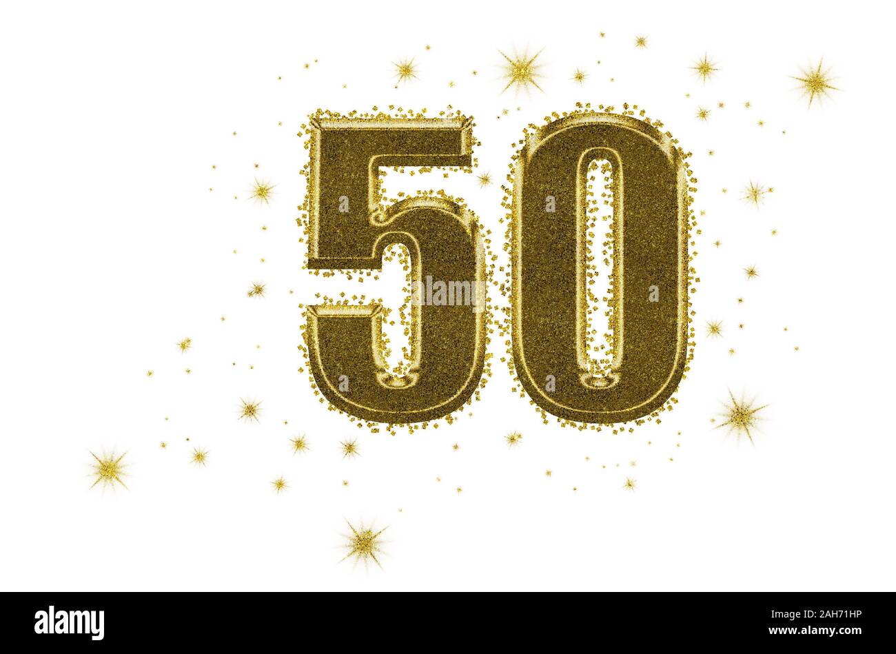 50, fifty number in gold with glitter and golden stars, isolated on ...