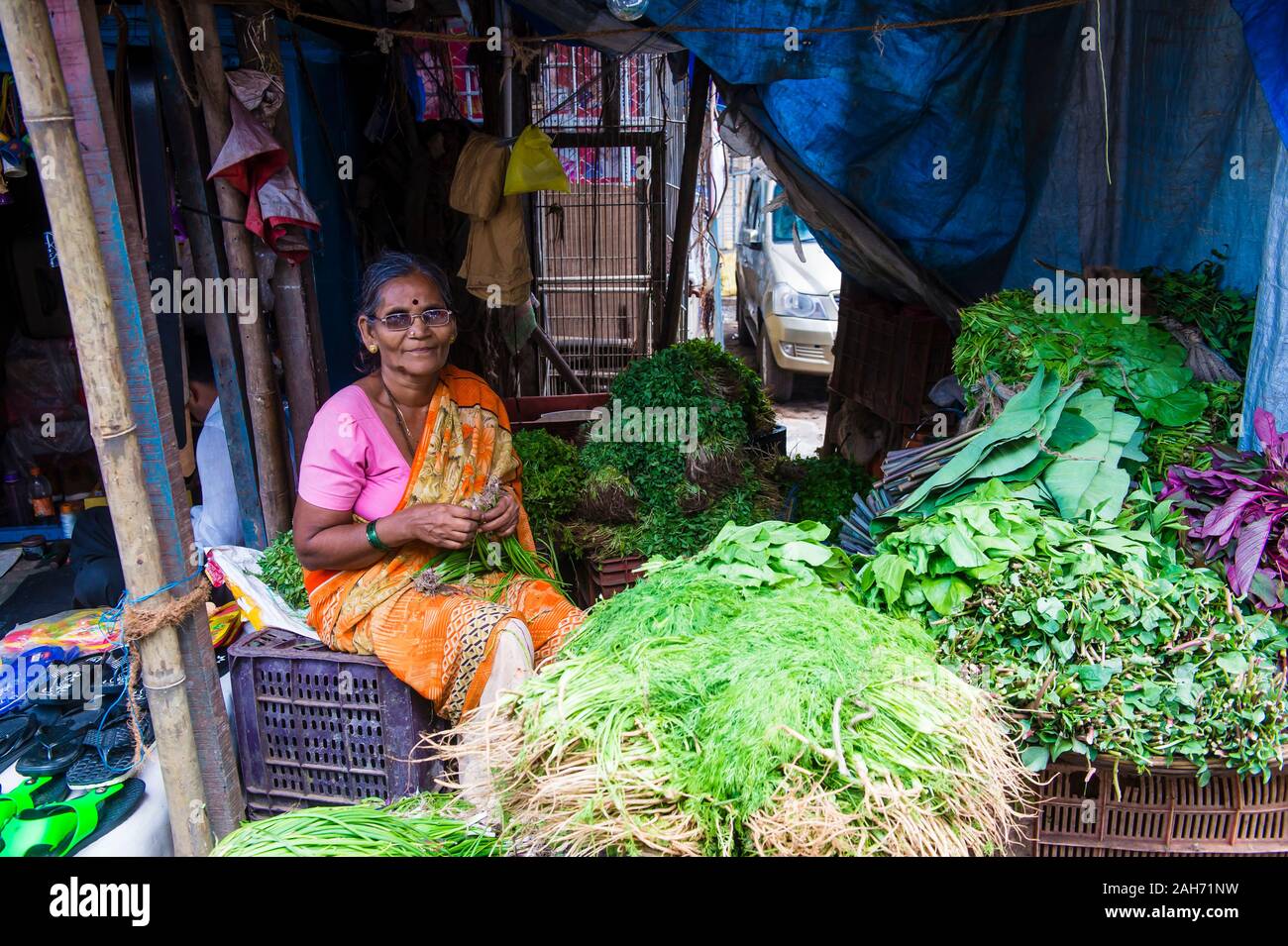 Indian woman in Asalfa neighborhood in Ghatkopar, a suburb of Mumbai ...