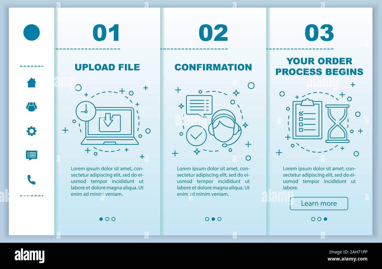 Customer support onboarding mobile web pages vector template. Upload file, confirmation, order ...