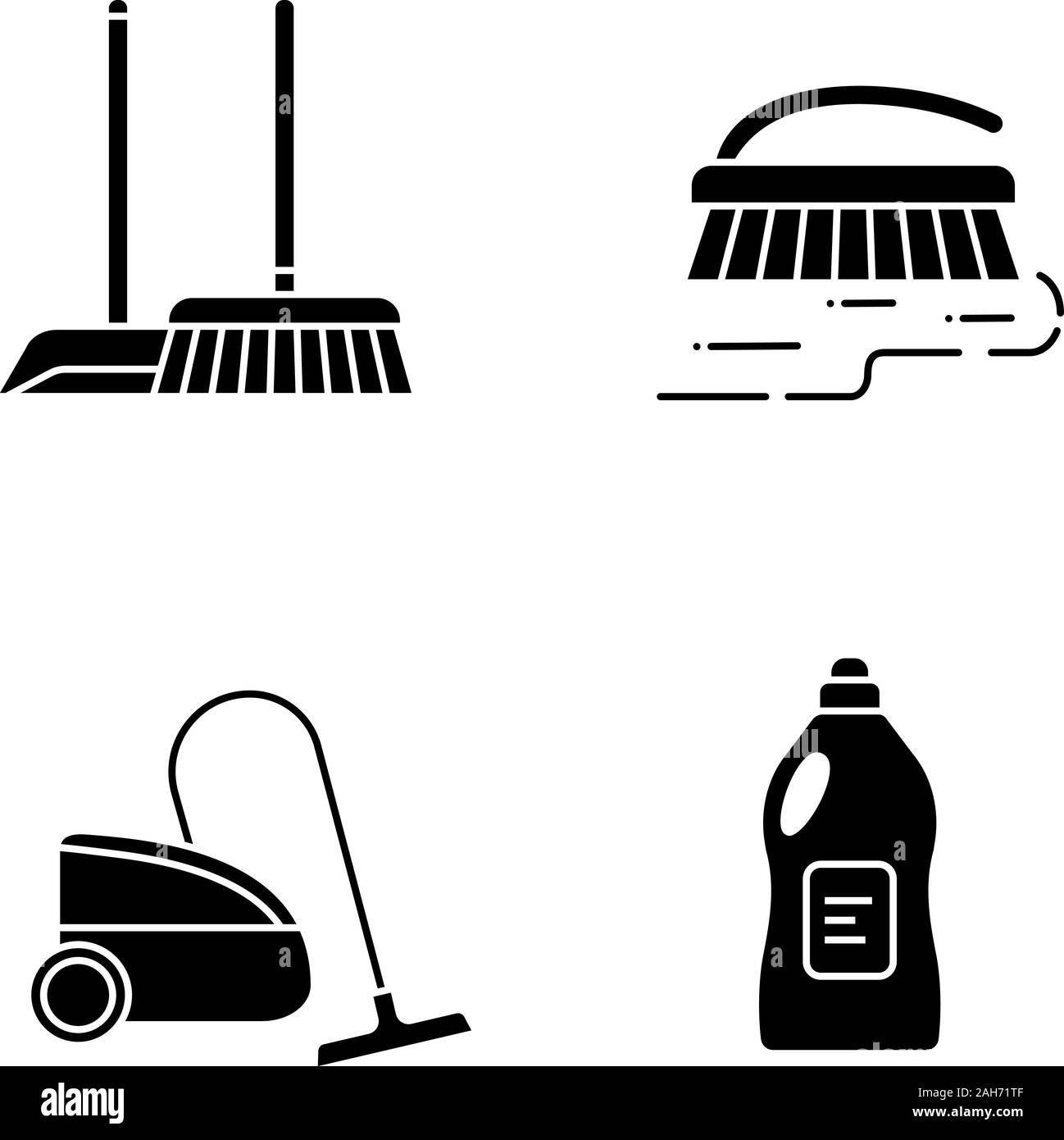 Cleaning service glyph icons set. Scoop and sweeping brush, vacuum ...