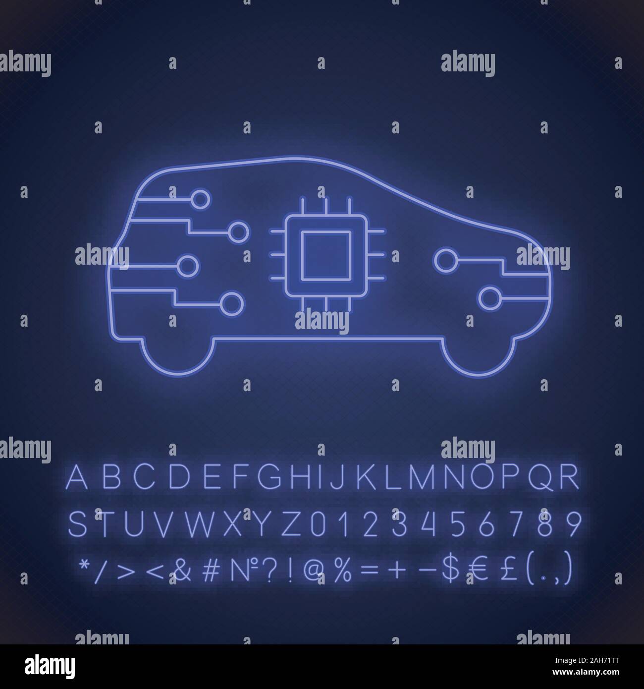 AI car in side view neon light icon. Autonomous car with chip inside ...