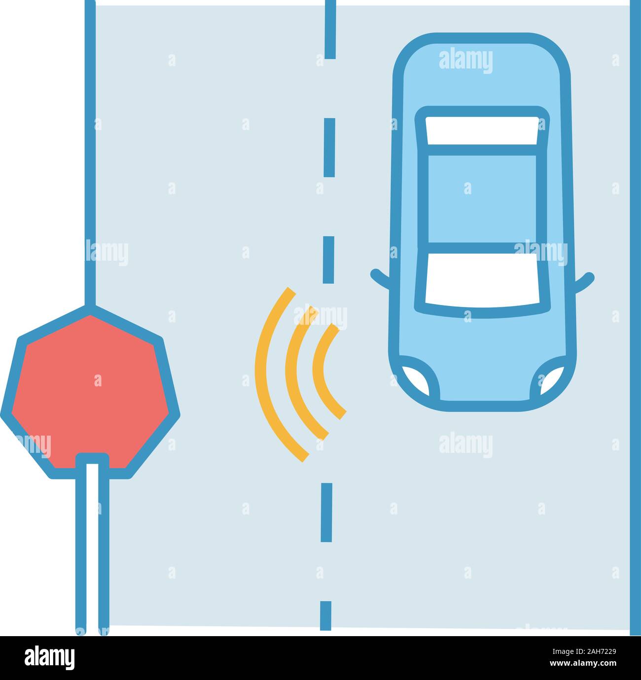 Autonomous car reading road sign color icon. Driverless car detecting ...