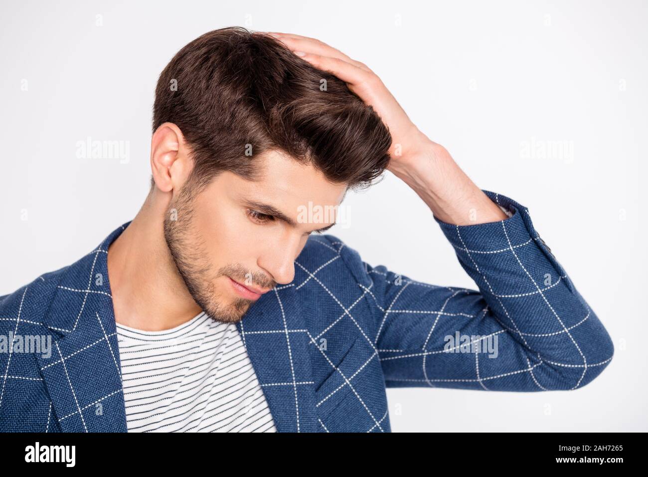 Profile side photo of pretty man fix his haircut touch hairdo wear ...