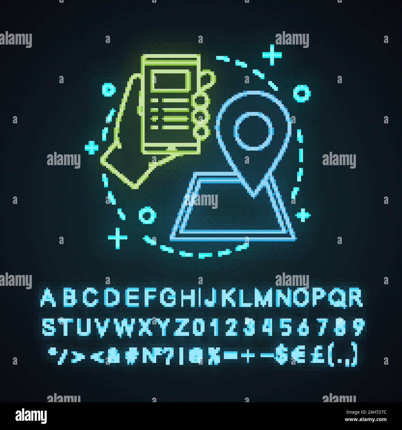 GPS system neon light concept icon. Car GPS navigation app idea. Route searching. Glowing sign ...