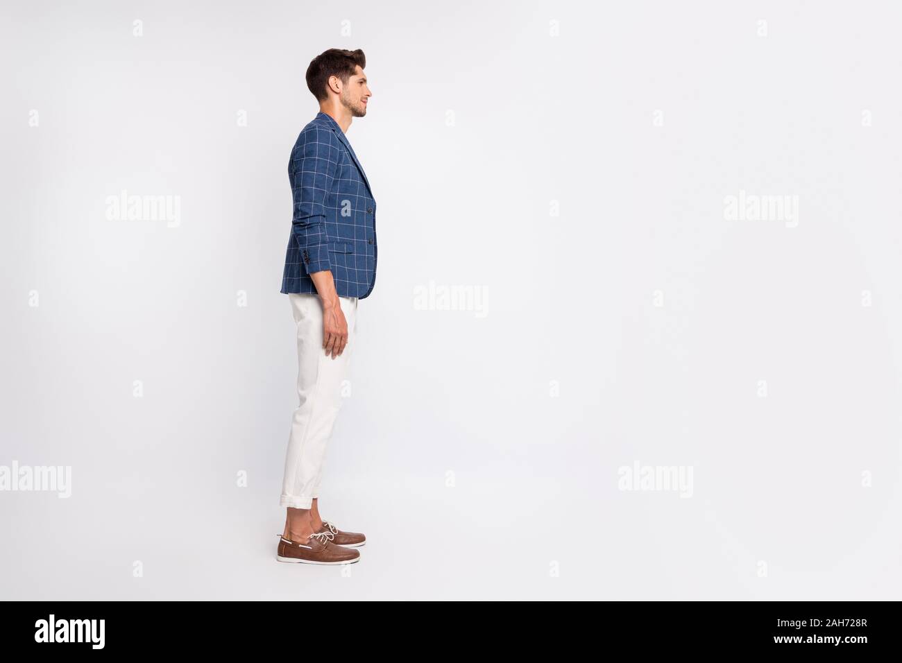 Full body profile side photo of concentrated man stand wear blue blazer ...