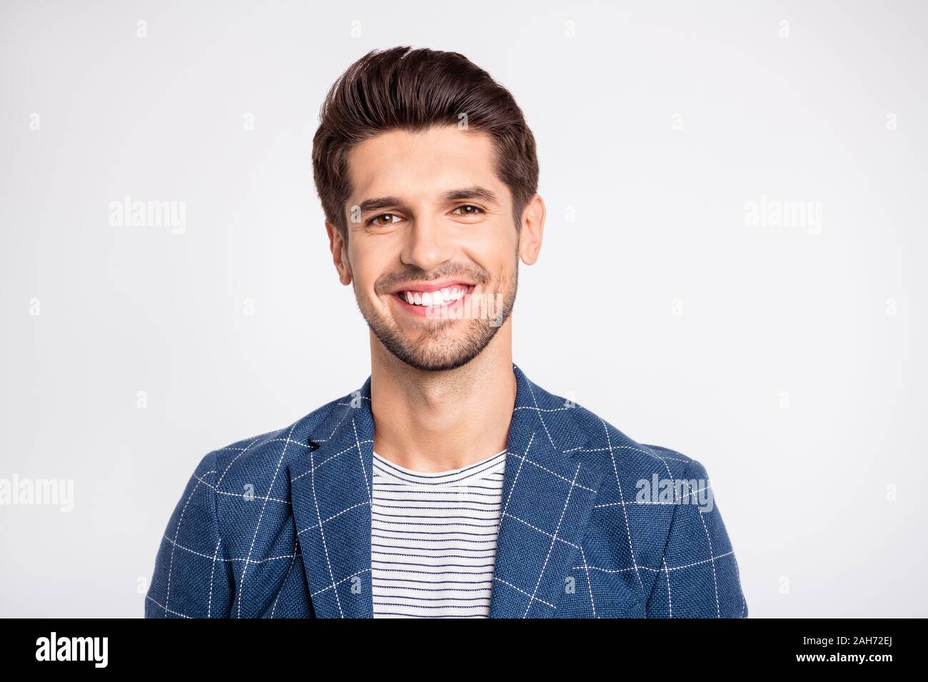 Portrait of charming man youth smile wear blue plaid jacket blazer ...