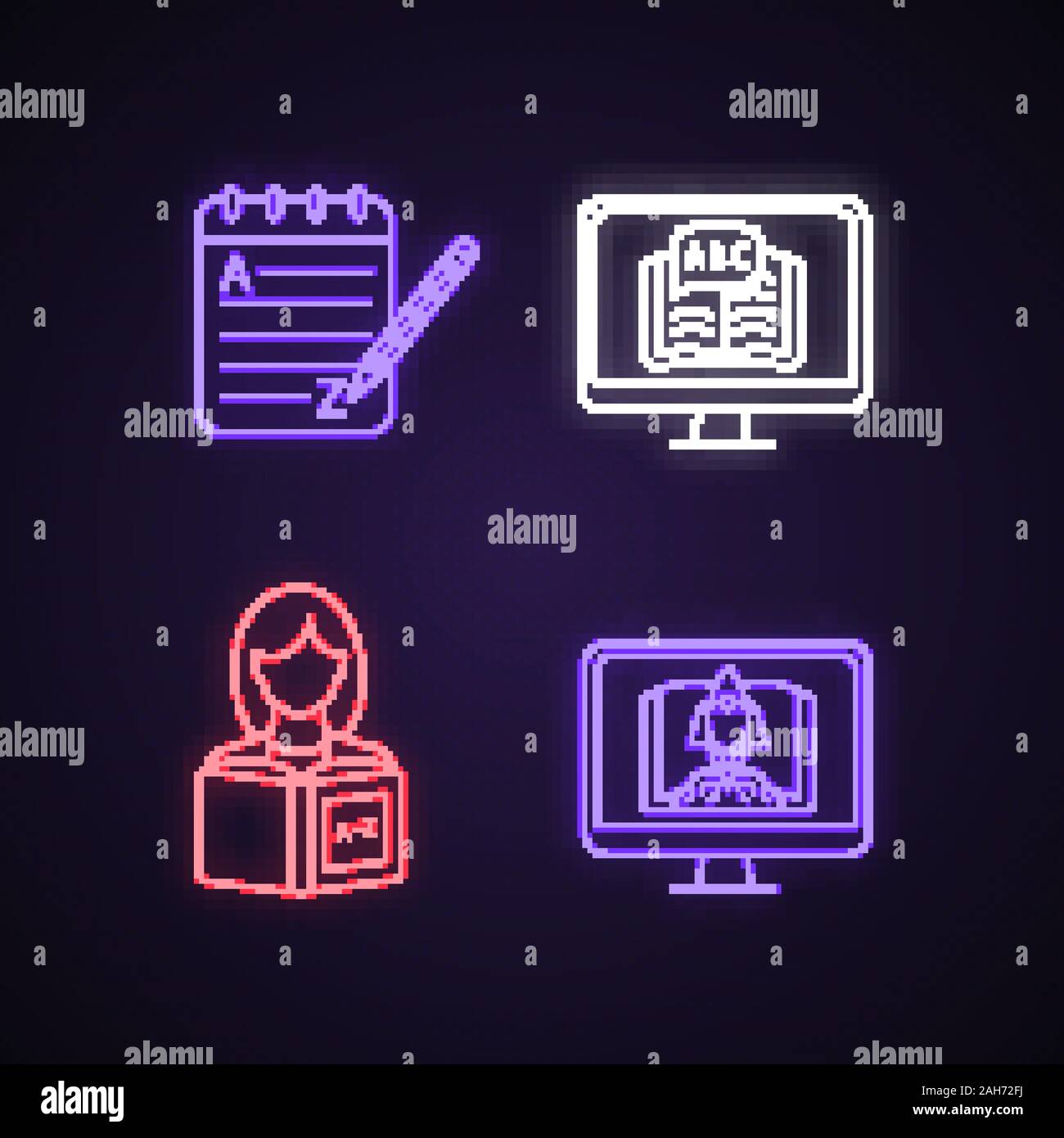 Foreign language learning neon light icons set. Grammar, e-learning ...