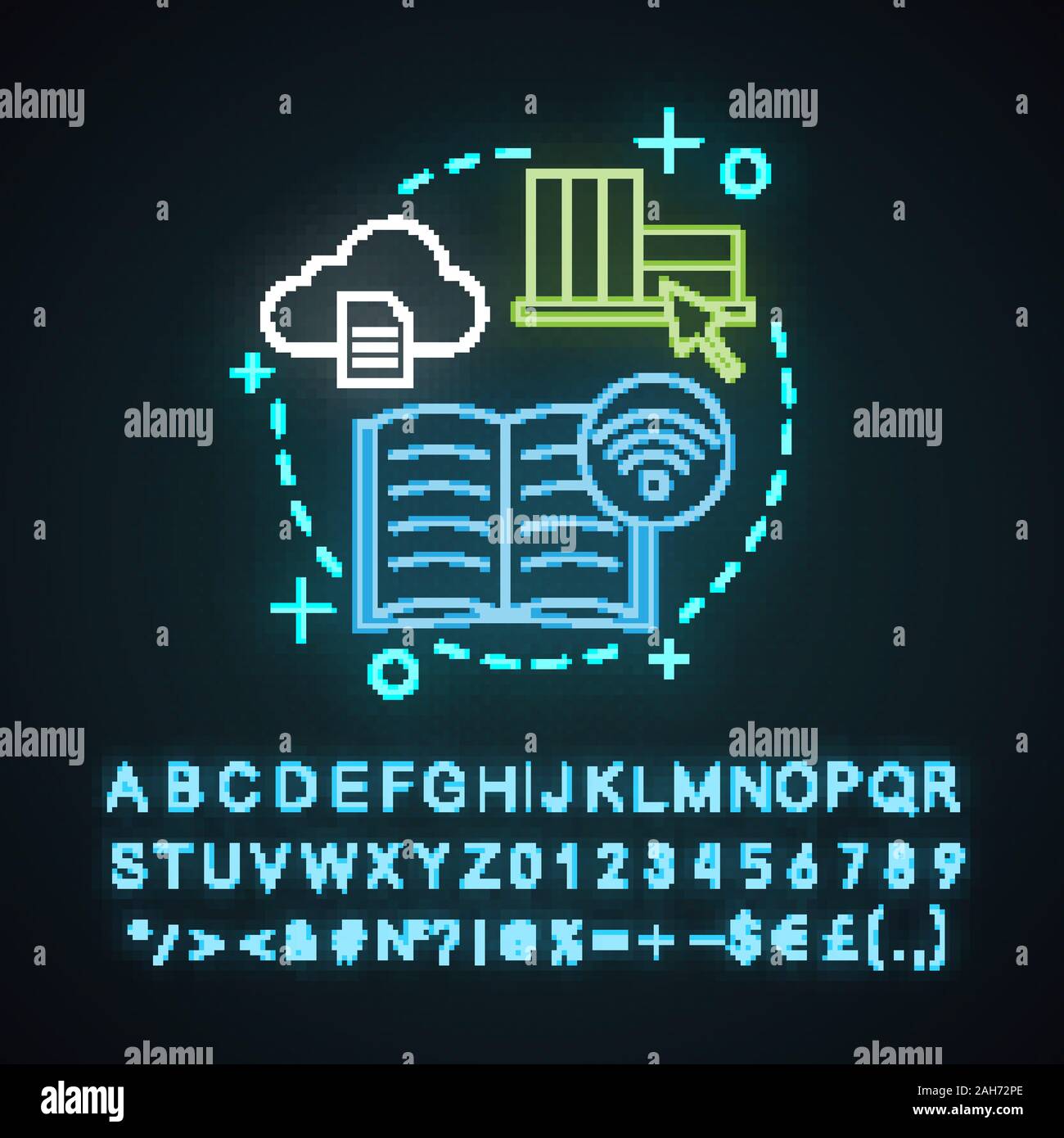 Digital library neon light concept icon. E-library. Electronic books ...