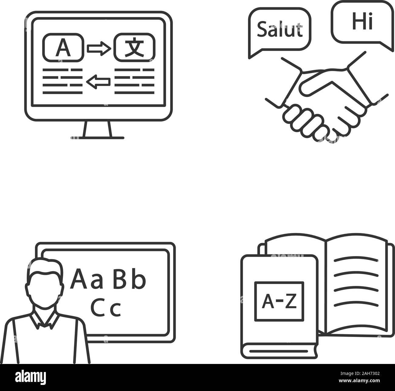 Foreign language learning linear icons set. Translation, language for ...