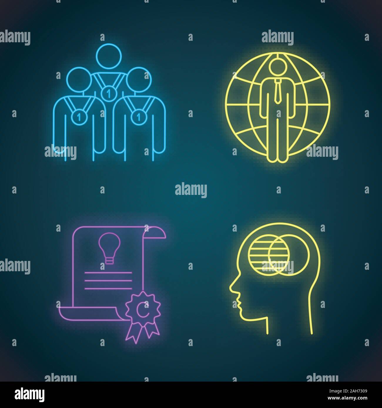 Business ethics neon light icons set. Professionalism, international ...