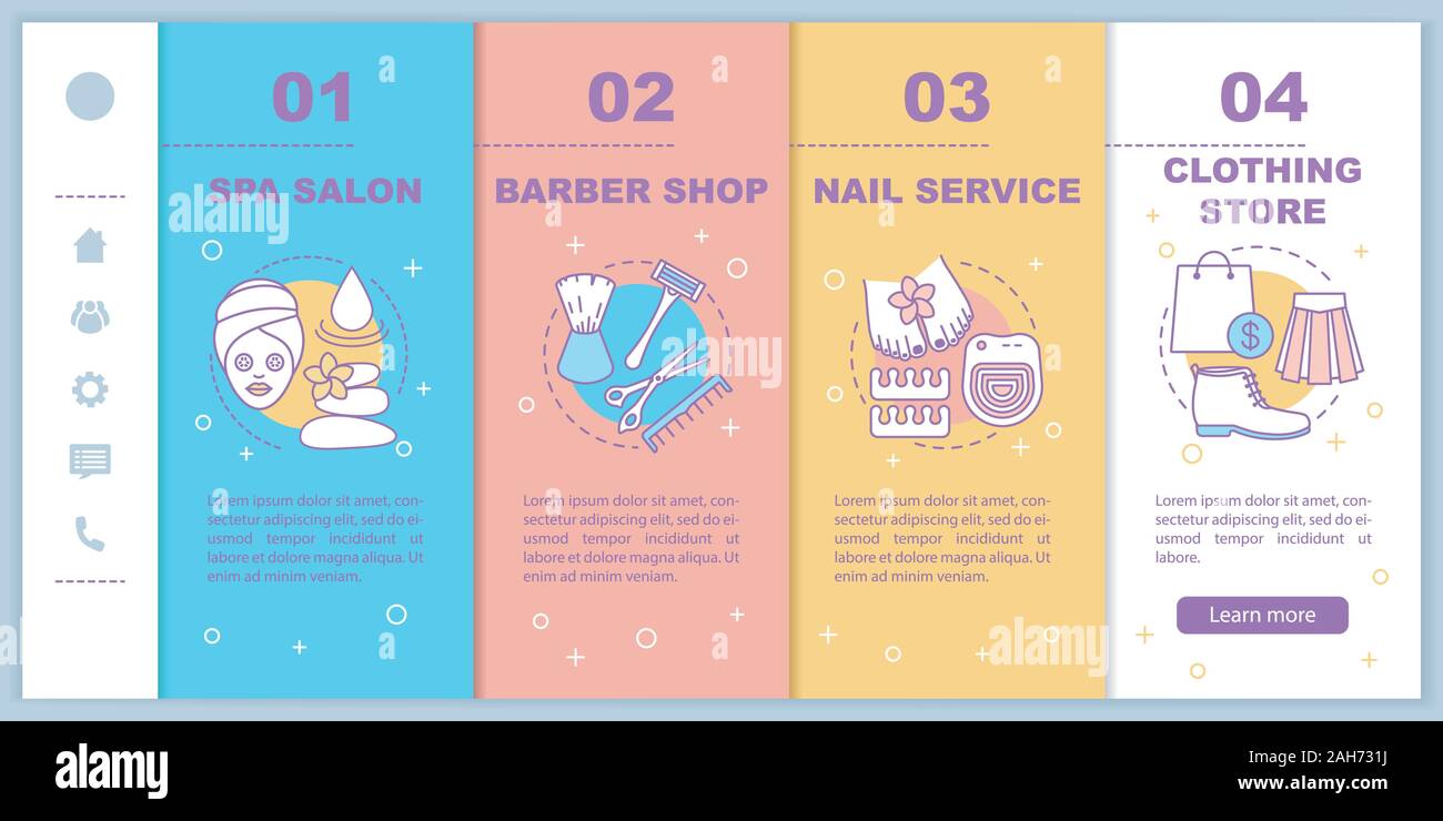 Beauty industry onboarding mobile web pages vector template. Spa, barbershop, nail salon ...