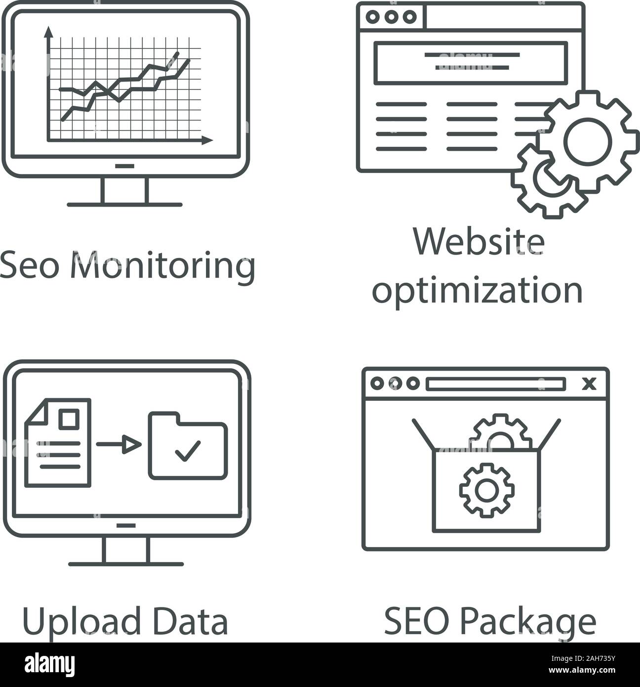 SEO linear icons set. Traffic monitoring, website optimization, upload data, SEO package. Thin ...