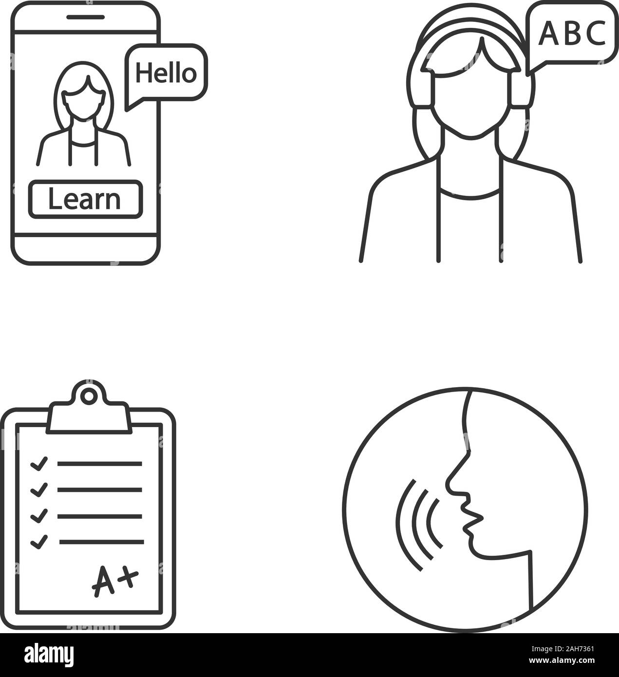 Foreign language learning linear icons set. Educational app, listening ...