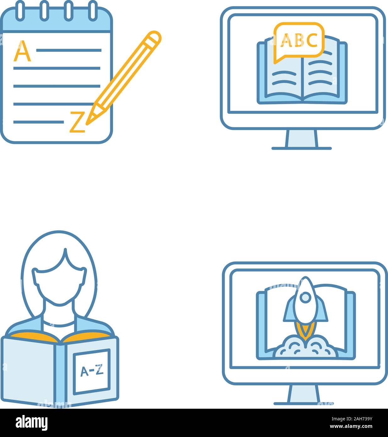 Foreign language learning color icons set. Grammar, e-learning, reading ...