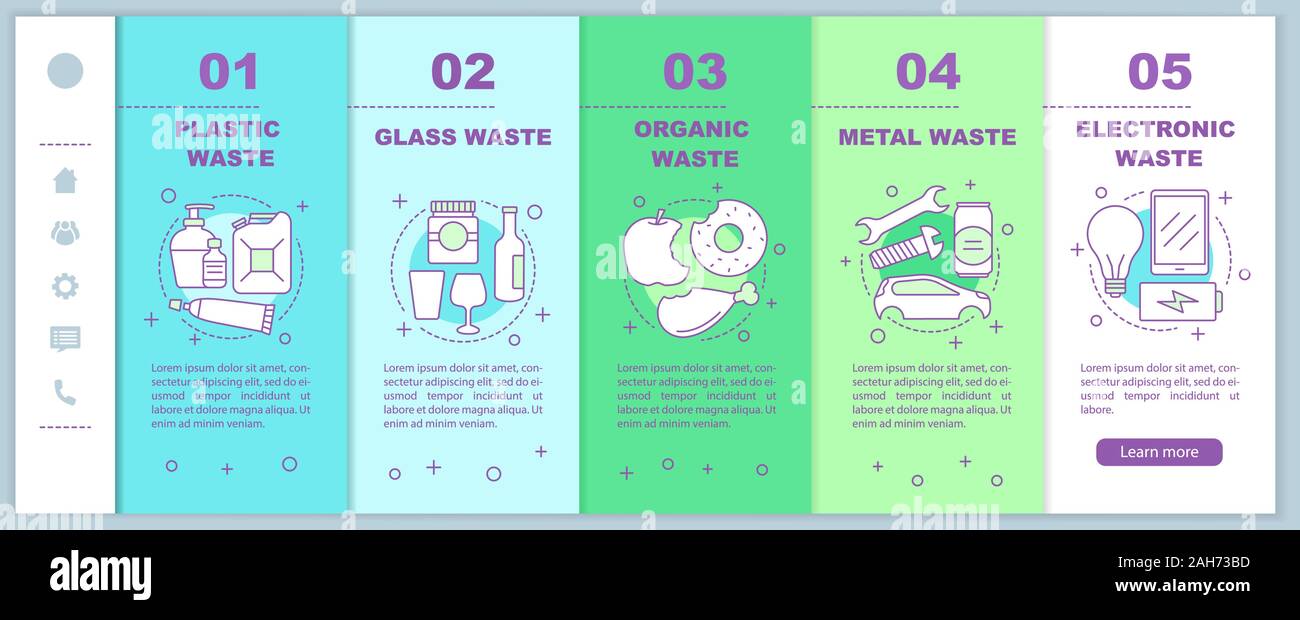 Trash sorting onboarding mobile web pages vector template. Organic, metal, electronic, glass ...