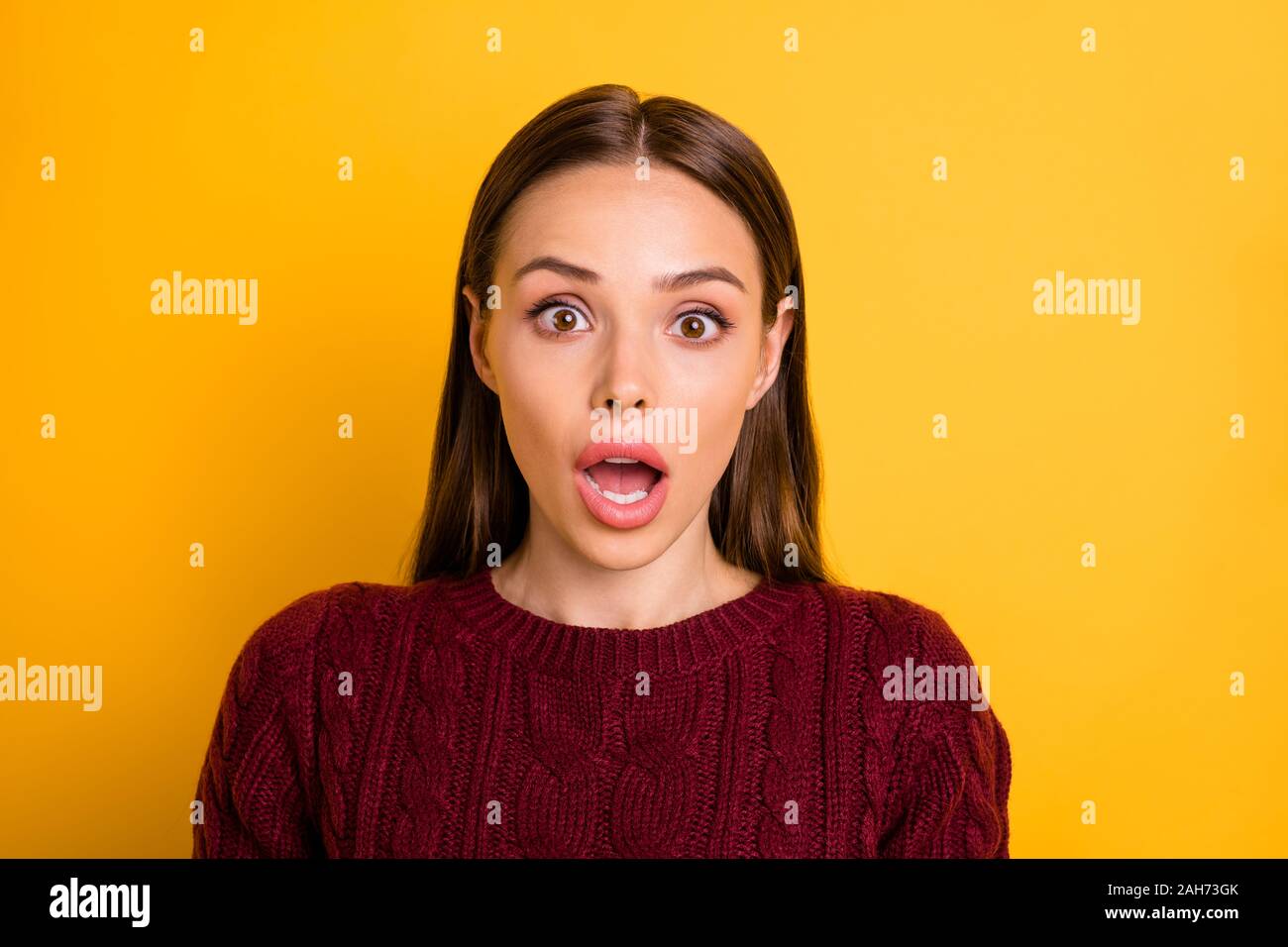 Photo of cute nice beautiful terrified girl having noticed something ...