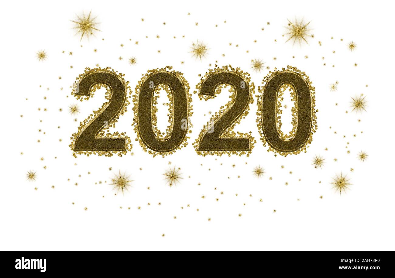 2020, new year, decade. Numbers in gold with glitter and golden stars ...
