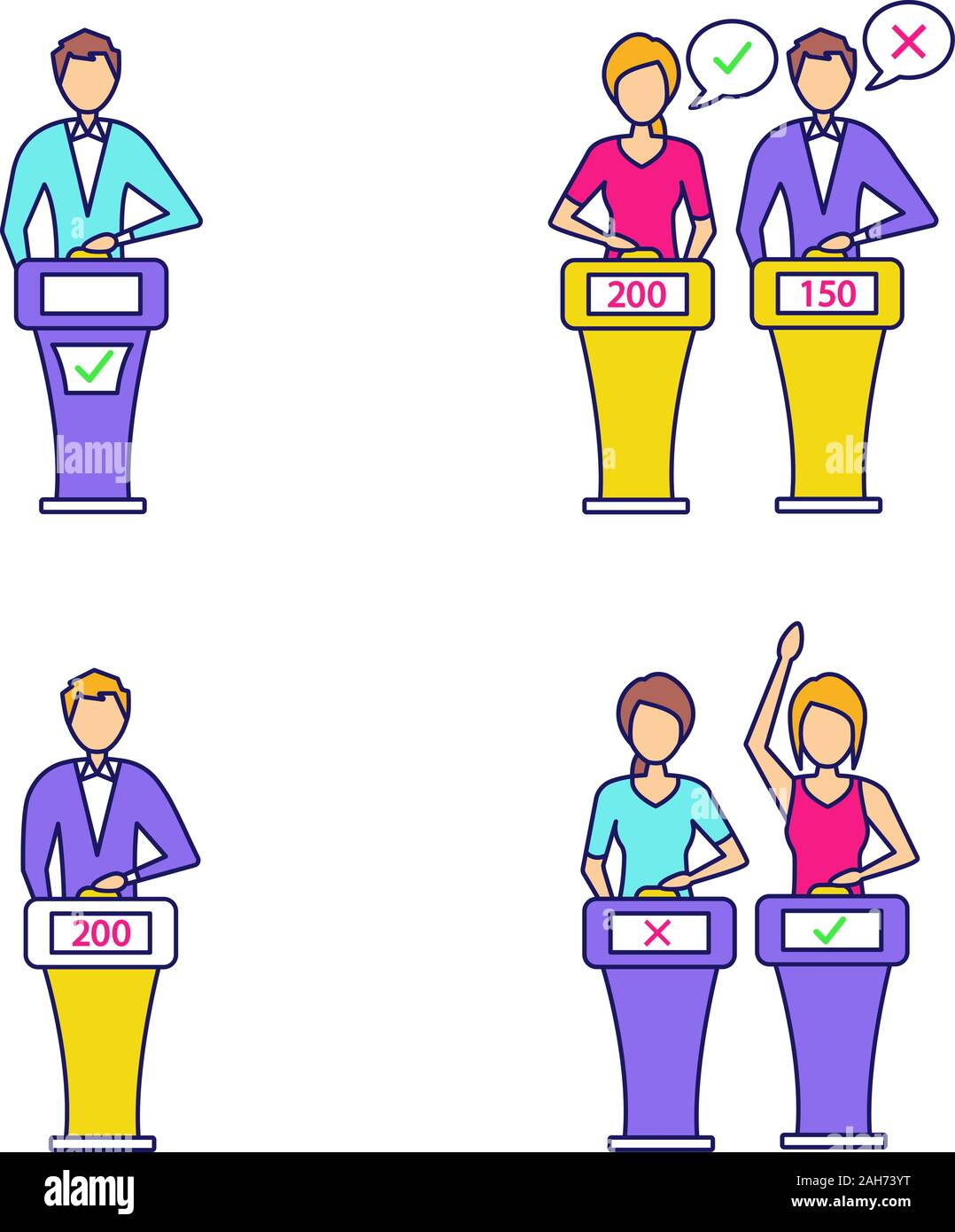 Quiz show color icons set. Intellectual game winner, loser, buzzer ...