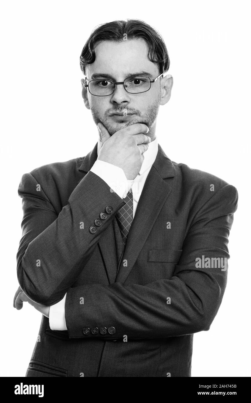 Businessman looking up business people Black and White Stock Photos ...