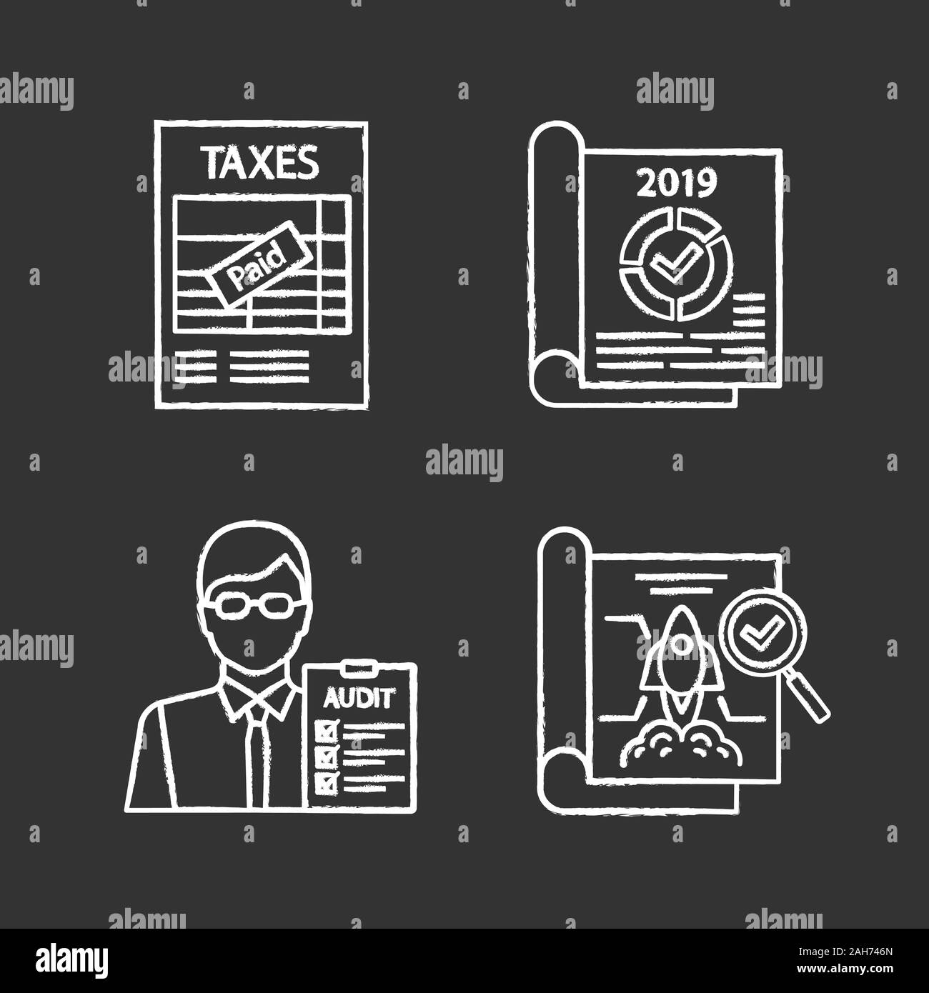 Audit chalk icons set. Taxes return, annual report, auditor, project ...