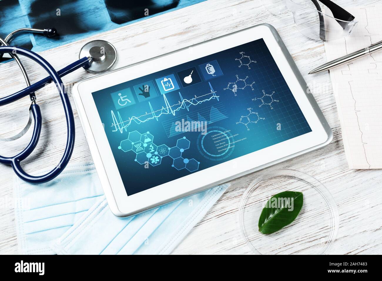 Laboratory patient examination in doctors office. Tablet computer with ...