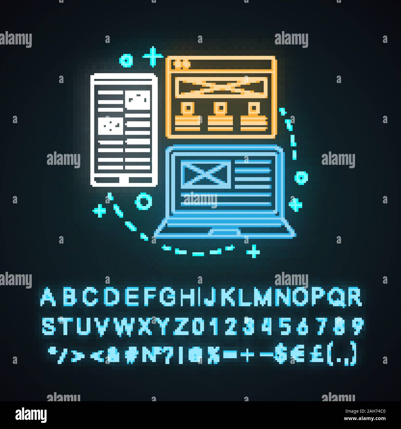 Responsive web design neon light concept icon. App for different ...