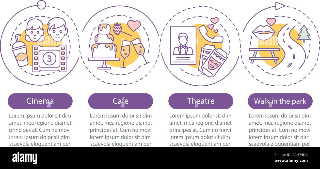 First date vector infographic template. Cinema, theater, cafe, park ...