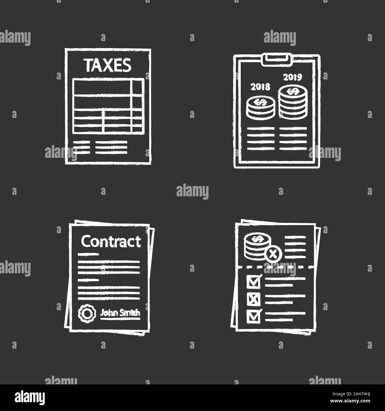 Audit chalk icons set. Taxes form, annual report, contract, audit risks ...