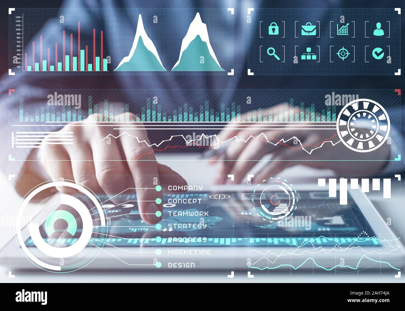 Digital tablet and financial graph with social network diagram and man ...